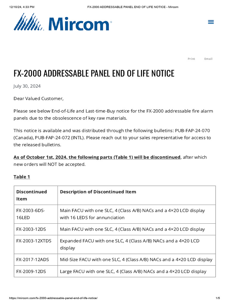 Fx-2000 Addressable Panel End of Life Notice - Mircom | PDF | Computing