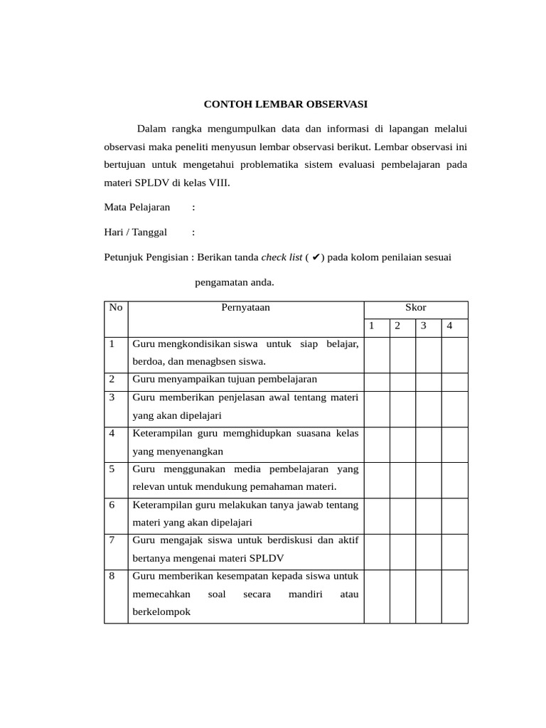 Lembar Observasi Evaluasi SPLDV Kelas VIII | PDF
