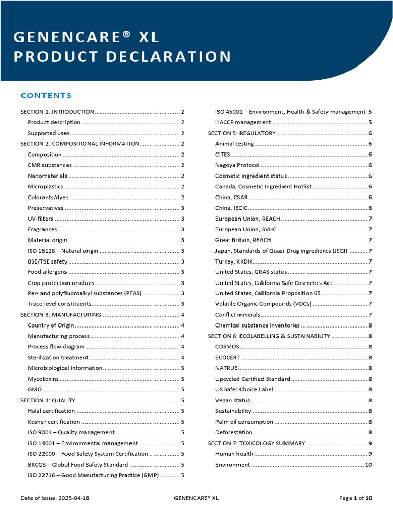 Product Declaration GENENCARE XL | PDF | Cosmetics