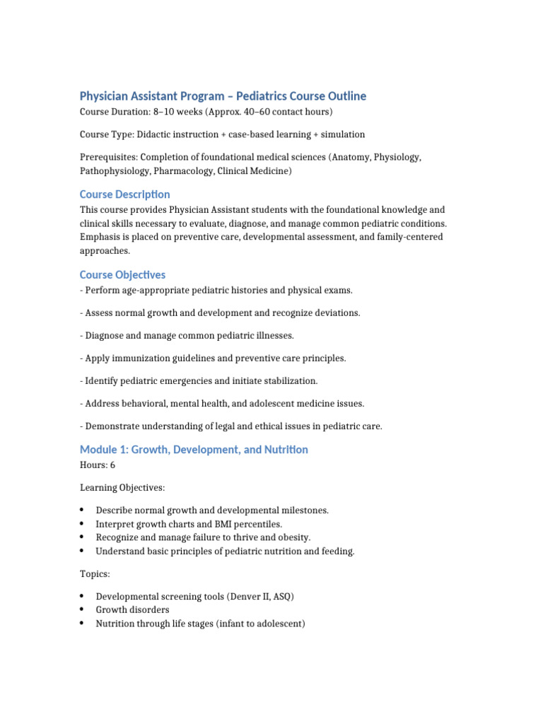 Pediatric Course Outline for PAs | PDF | Pediatrics | Infants