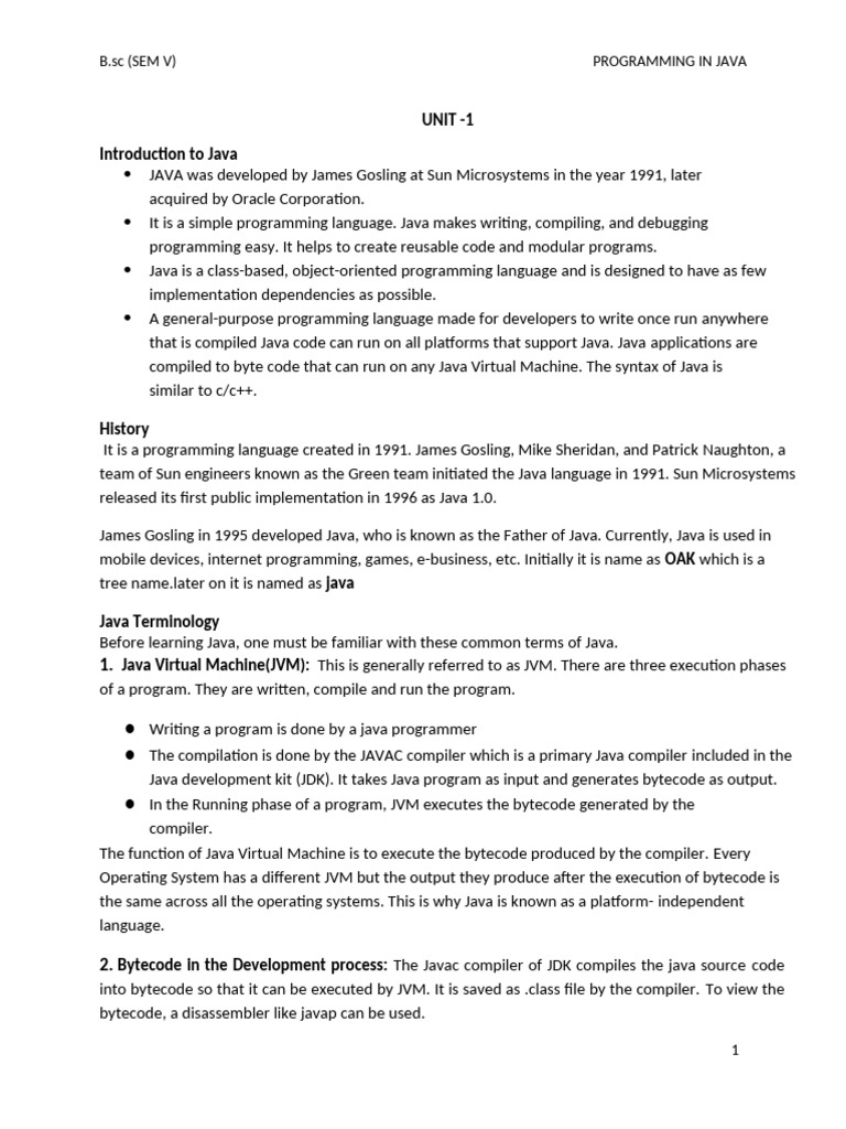 B.SC Sem - 5 Java I Unit | PDF | Java (Programming Language) | Class (Computer Programming)