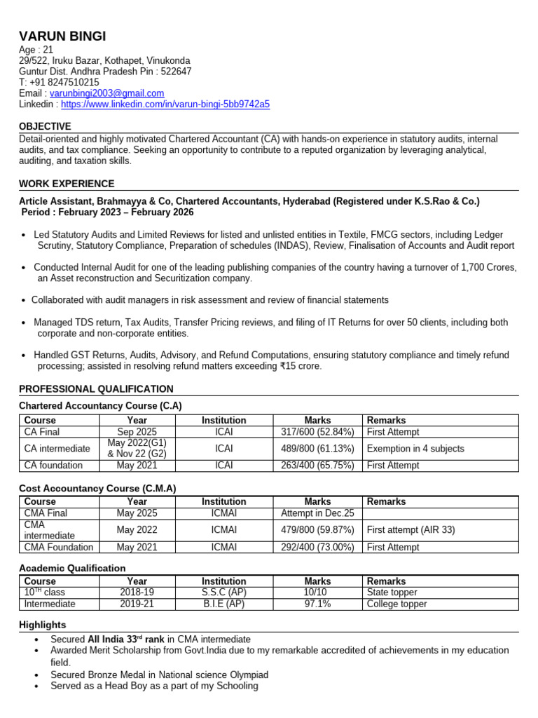 ATS Friendly Resume Template [CA Fresher] | PDF | Audit | Accounting