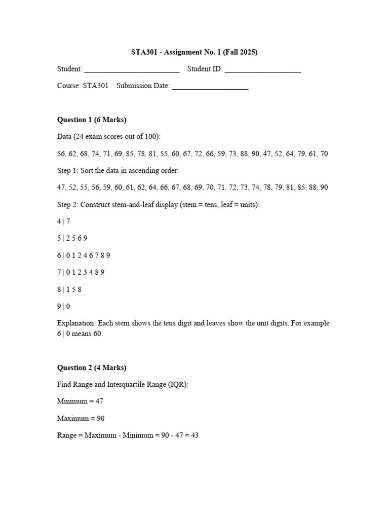 Sta301 Assignment Solution Pdf Descriptive Statistics Applied