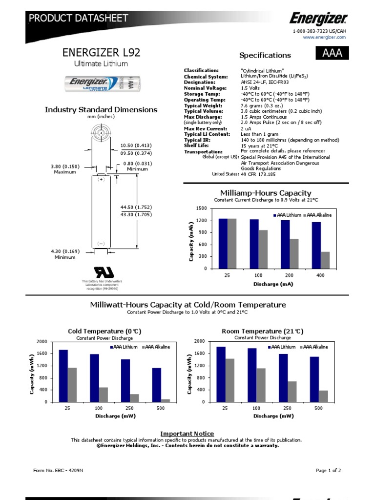 Energizer L92: Product Datasheet | PDF