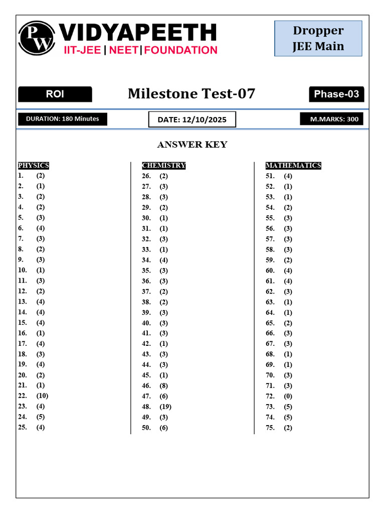 Milestone Test 07 Class Dropper Phase 03 Main 12-10-2025 Solution | PDF ...