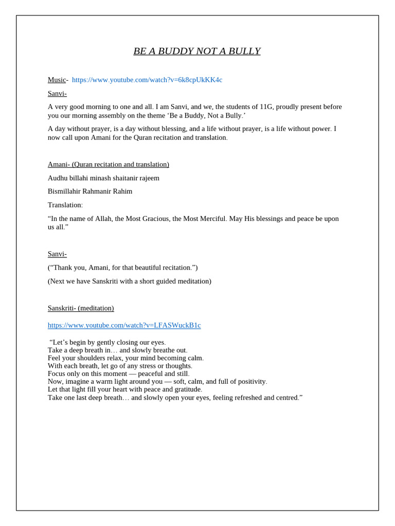 Be A Buddy Not A Bully Script | PDF