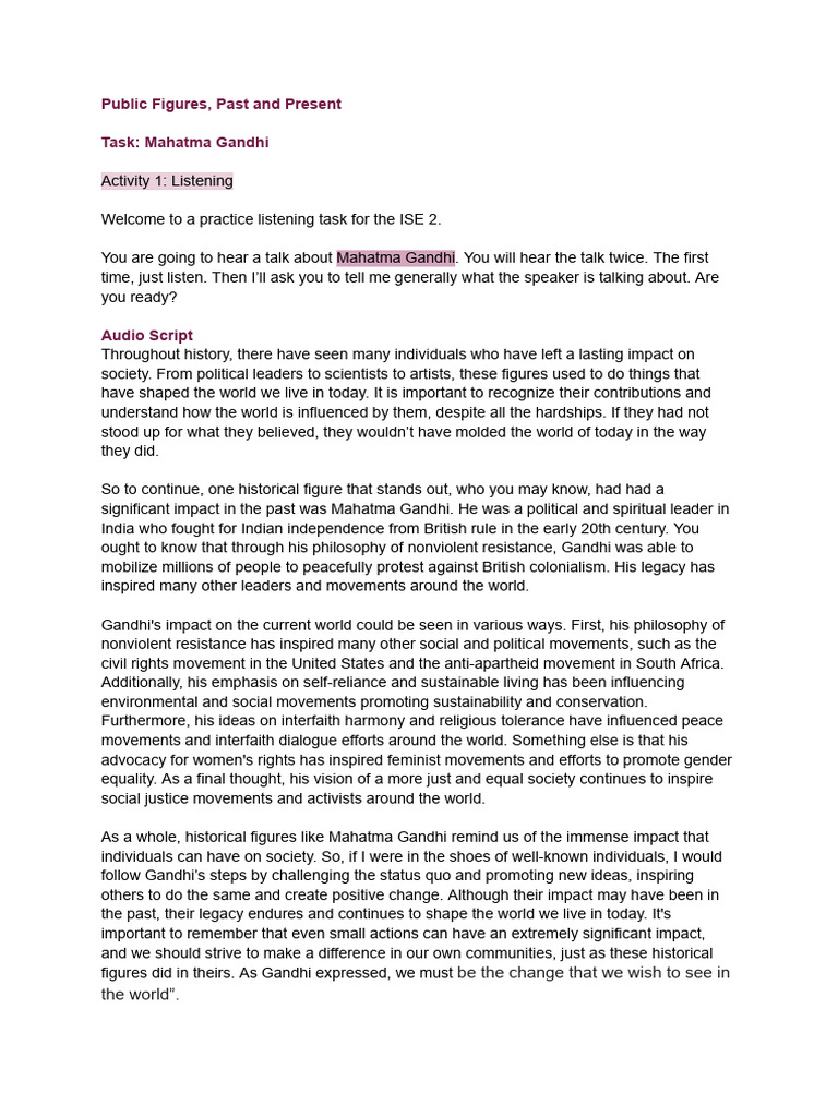 ISE II Public Figures Past and Present Listening Task Mahatma Gandhi ...