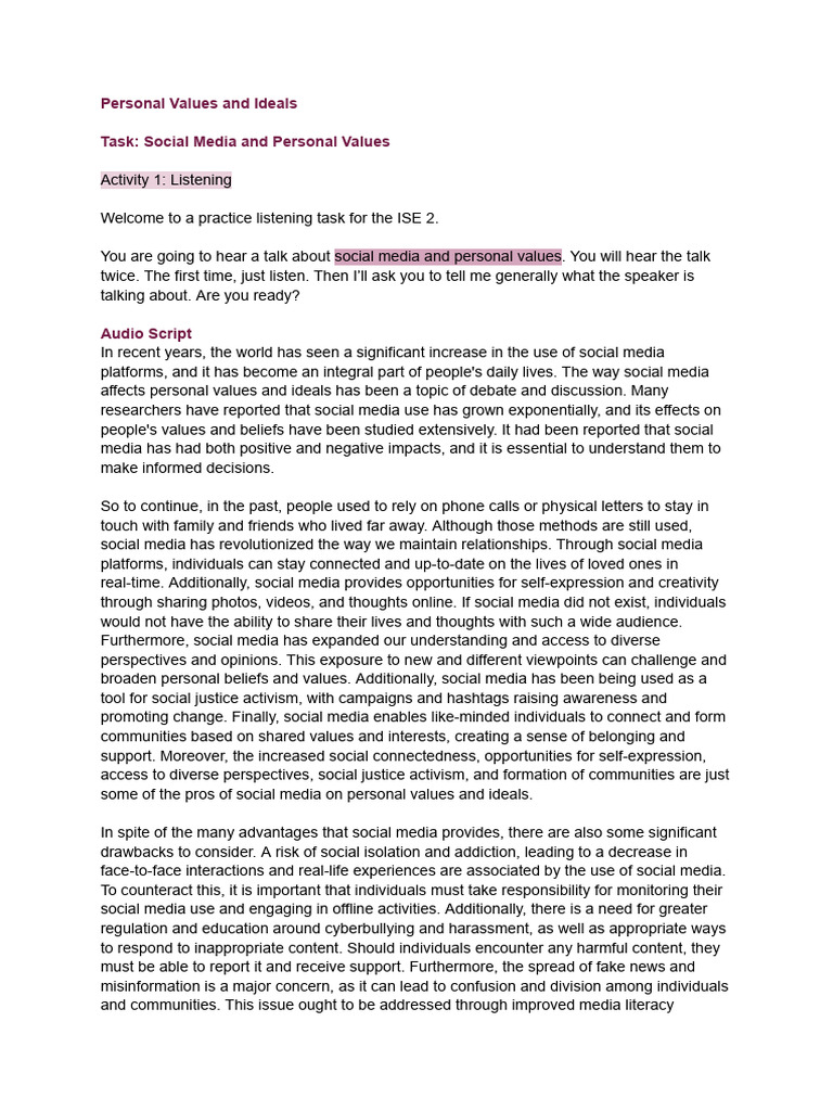 ISE II Personal Values and Ideals Listening Task Social Media on ...