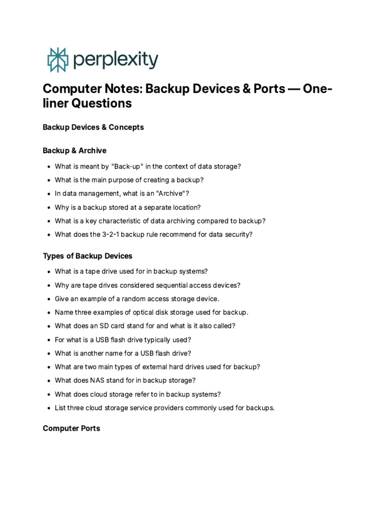 Computer Notes - Backup Devices & Ports - One-Liner | PDF | Backup | Usb