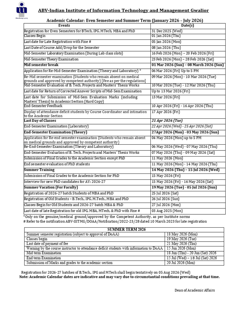 IIIT Gwalior Academic Calendar 2026 | PDF | Doctor Of Philosophy | Thesis