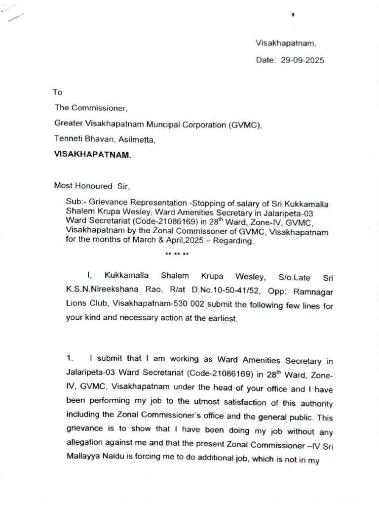Grievance Submitted to GVMC Commissioner on Zonal Commissioner | PDF