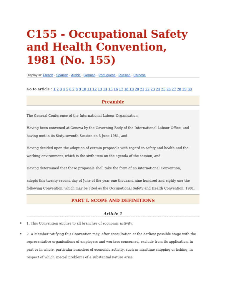 C155 - Occupational Safety and Health Convention, 1981 (No. 155) | PDF ...