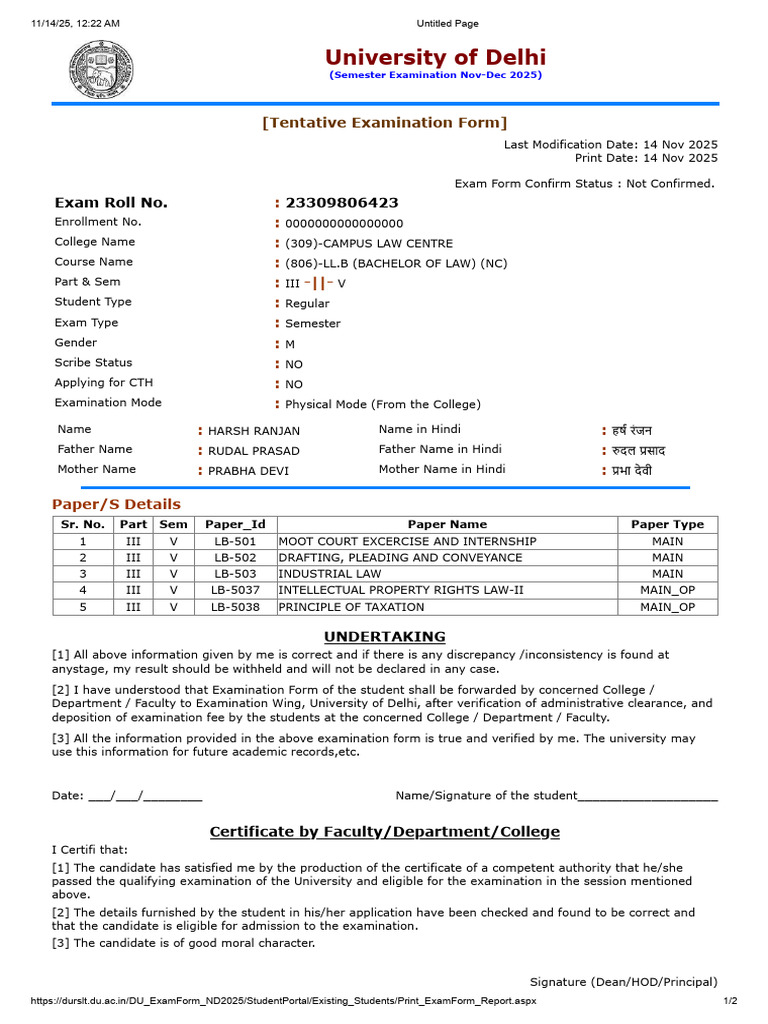 DU Exam Form for LL.B Semester V | PDF | Qualifications | Educational ...