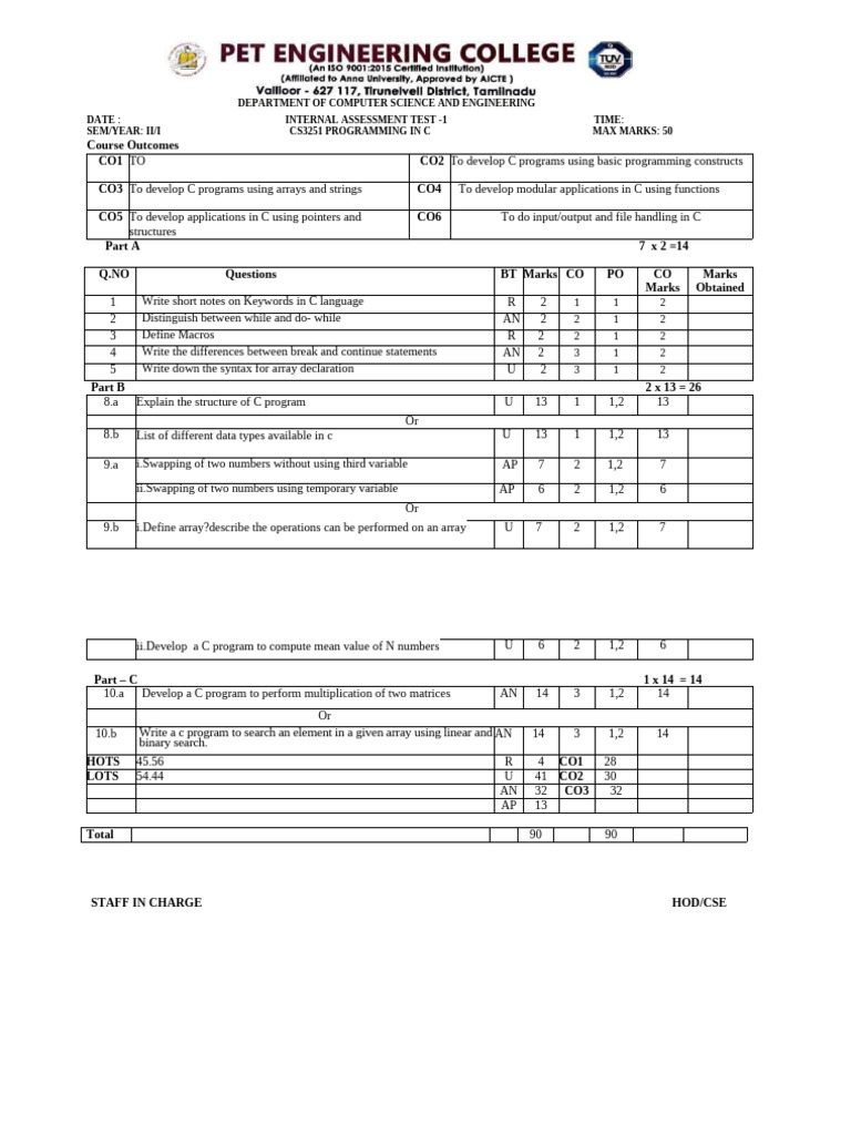 c Iat 1 Question | PDF | C (Programming Language) | Computer Engineering