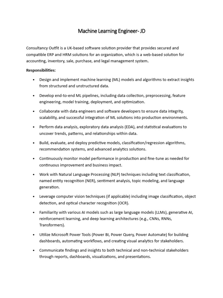 Machine Learning Engineer - Job Desription | PDF | Machine Learning | Artificial Intelligence