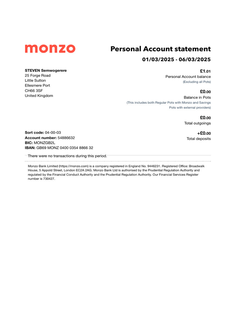 Monzo - Bank - Statement - 2025 03 01 2025 03 06 - 5297 | PDF | Deposit ...