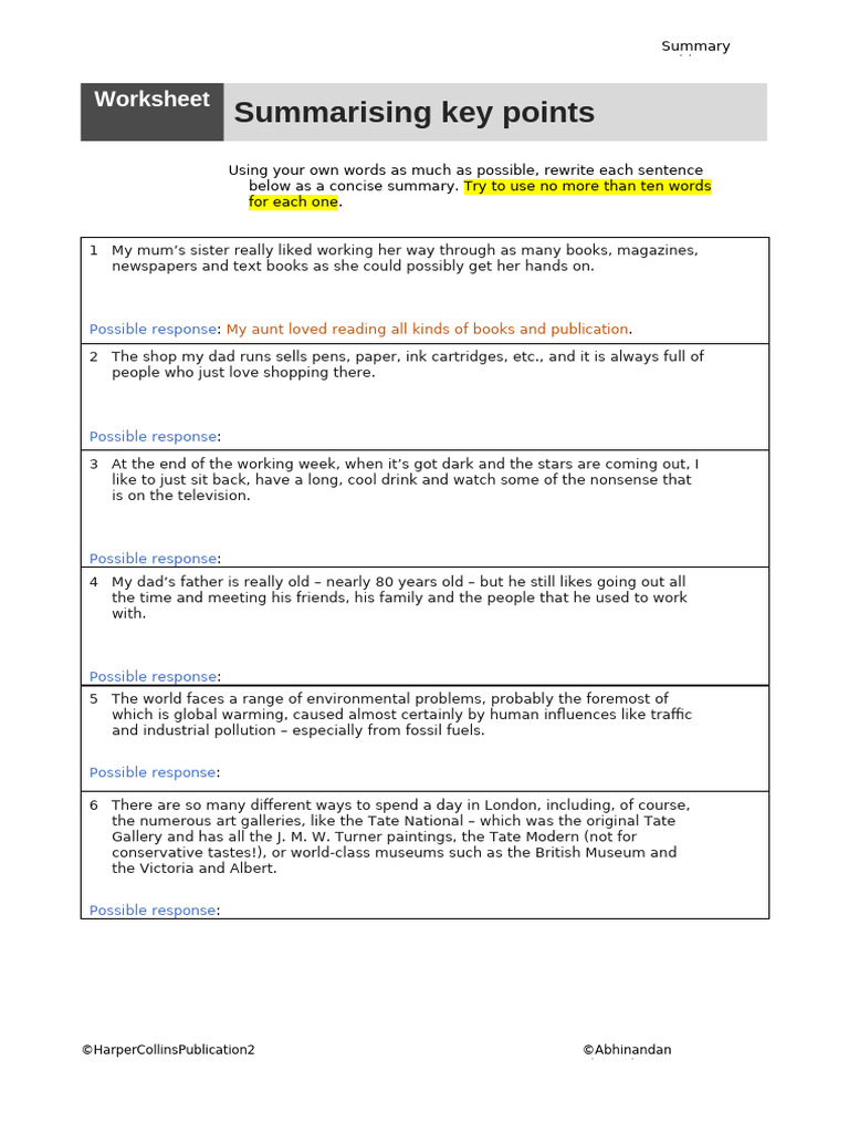 Summary Writing Worksheet Guide | PDF