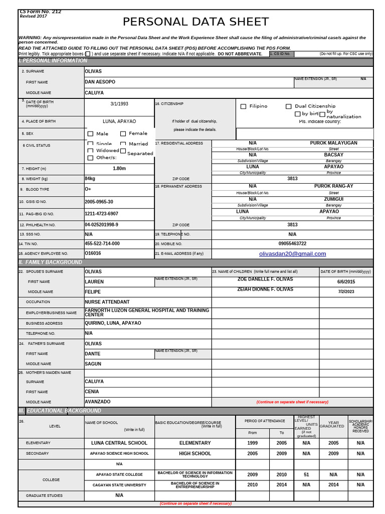 Personal Data Sheet CS Form No. 212 Revised 2017 | PDF | Government