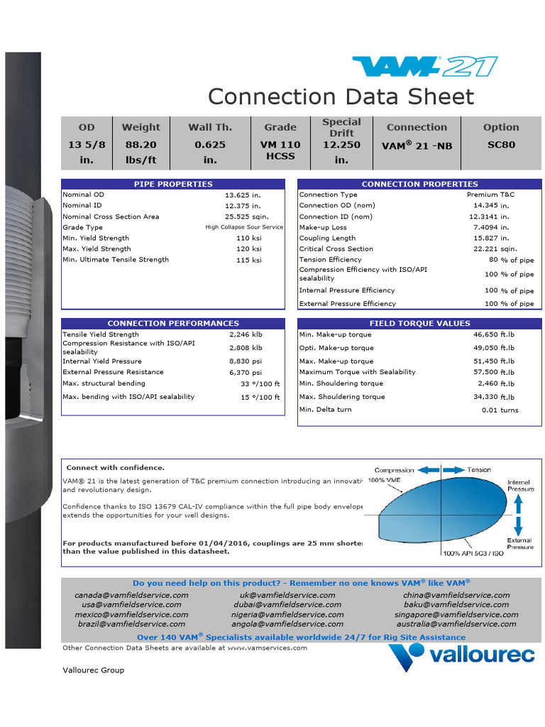 VAM® 21 Connection Data Sheet | PDF | Pipe (Fluid Conveyance) | Mechanics