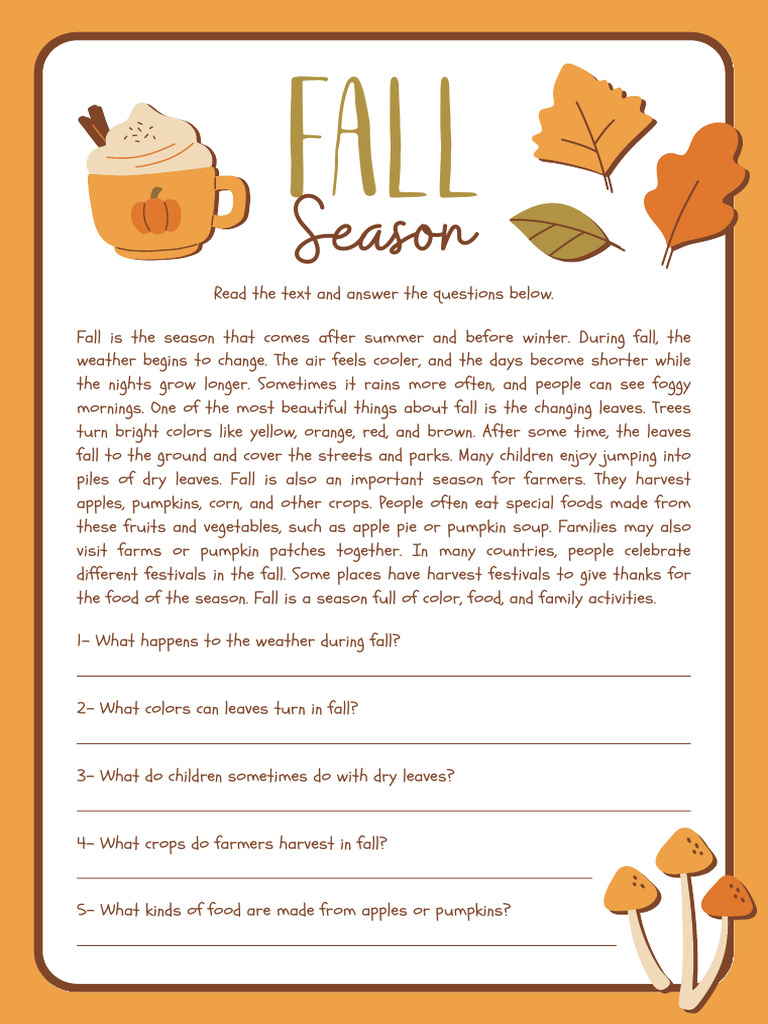 Fall Season Reading Comprehension Worksheet in Orange Brown Pastel ...