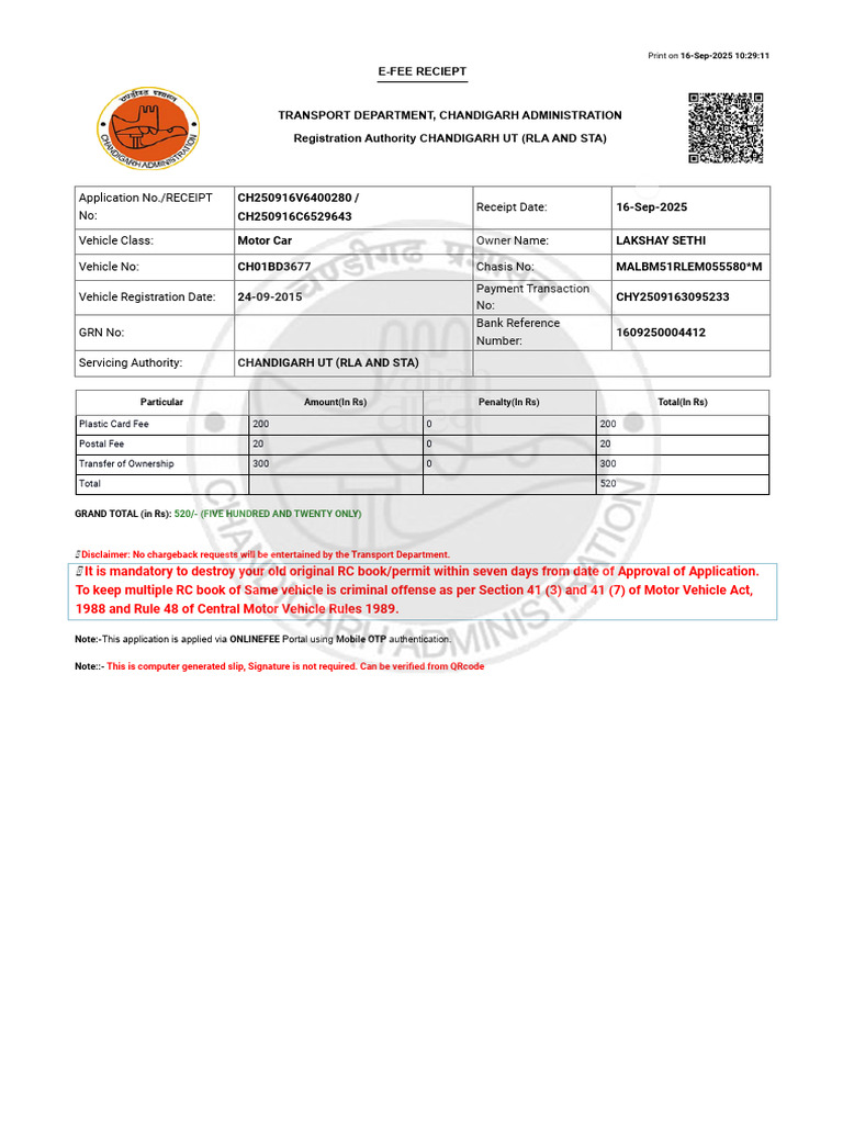 VAHAN 4.0 (Citizen Services) Onlineapp01 135 8000 | PDF | Receipt