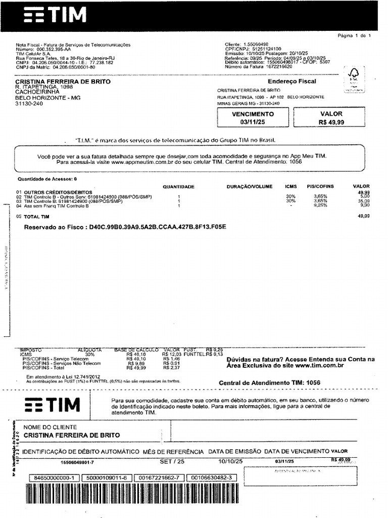 Conta TIM MOVEL Cristina | PDF