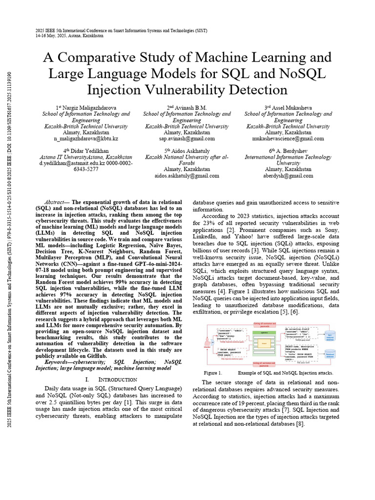 A Comparative Study of Machine Learning and Large Language Models For SQL and NoSQL Injection ...