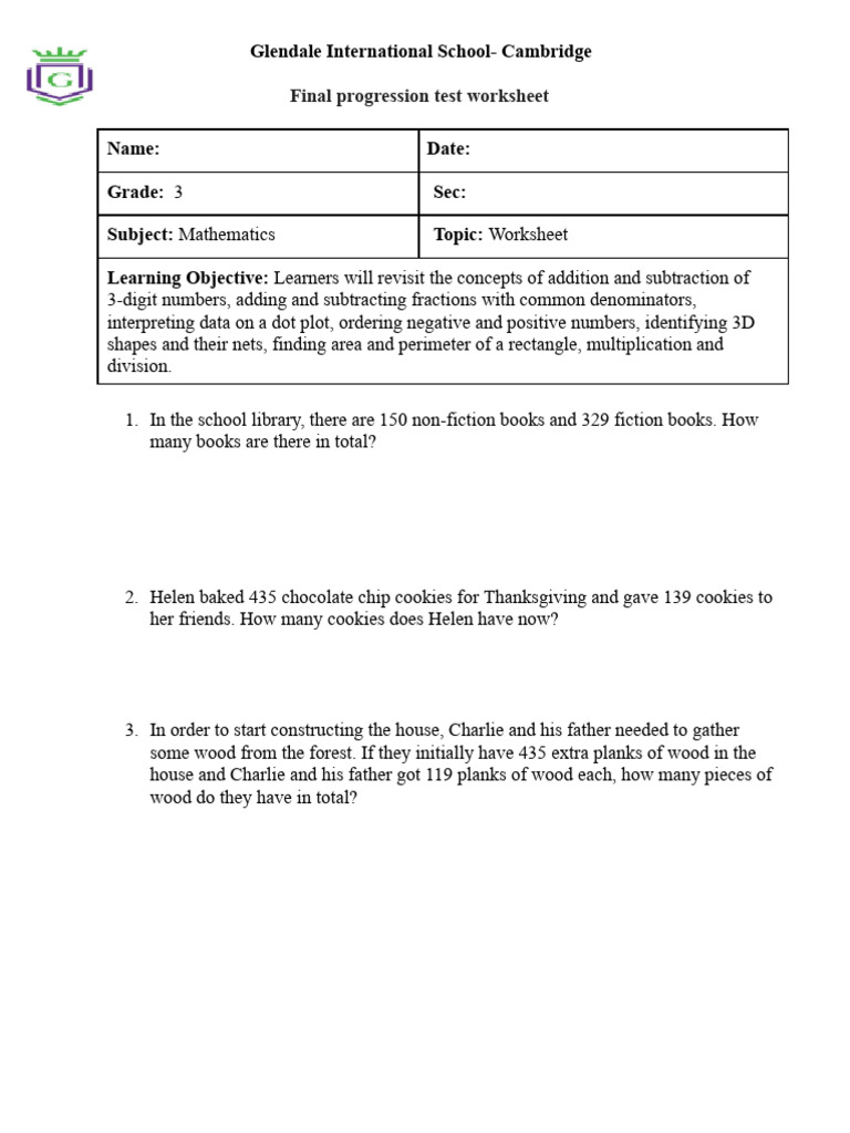 Grade 3 Math Worksheet - docx.FPT | PDF | Numbers | Mathematics