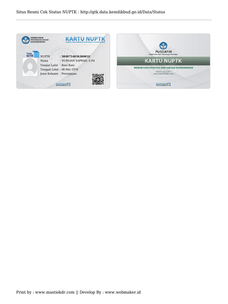 Cek Status NUPTK Nurlian Saprah S.Pd | PDF