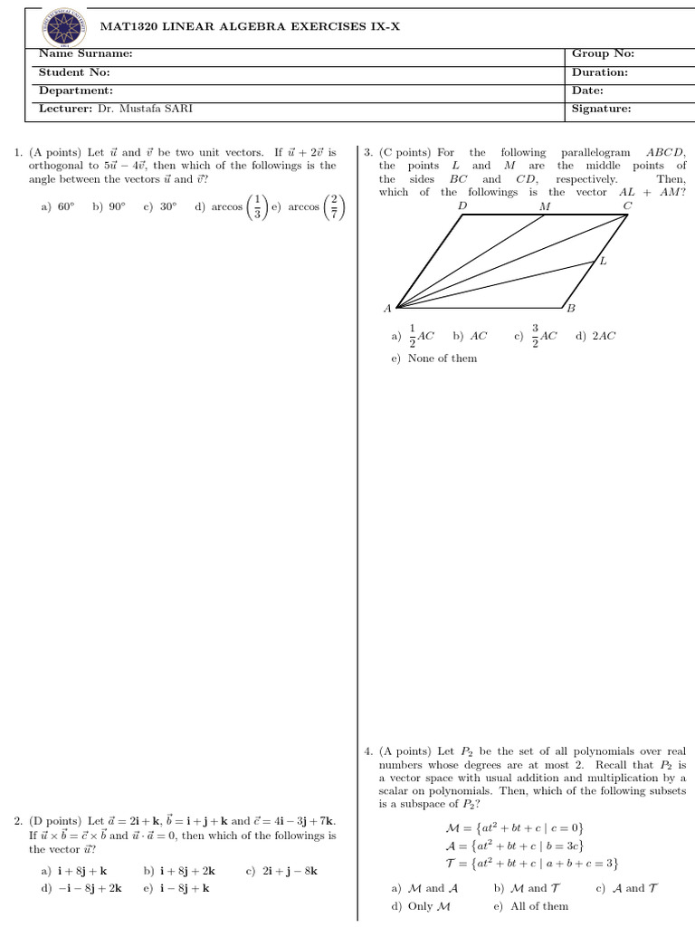 Cebir 2midterms Exercises | PDF | Vector Space | Linear Subspace