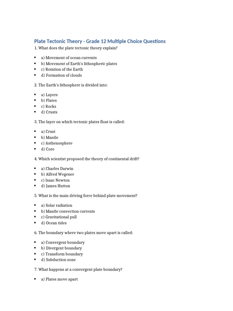 Grade12 Plate Tectonics MCQs | PDF | Plate Tectonics | Structure Of The ...