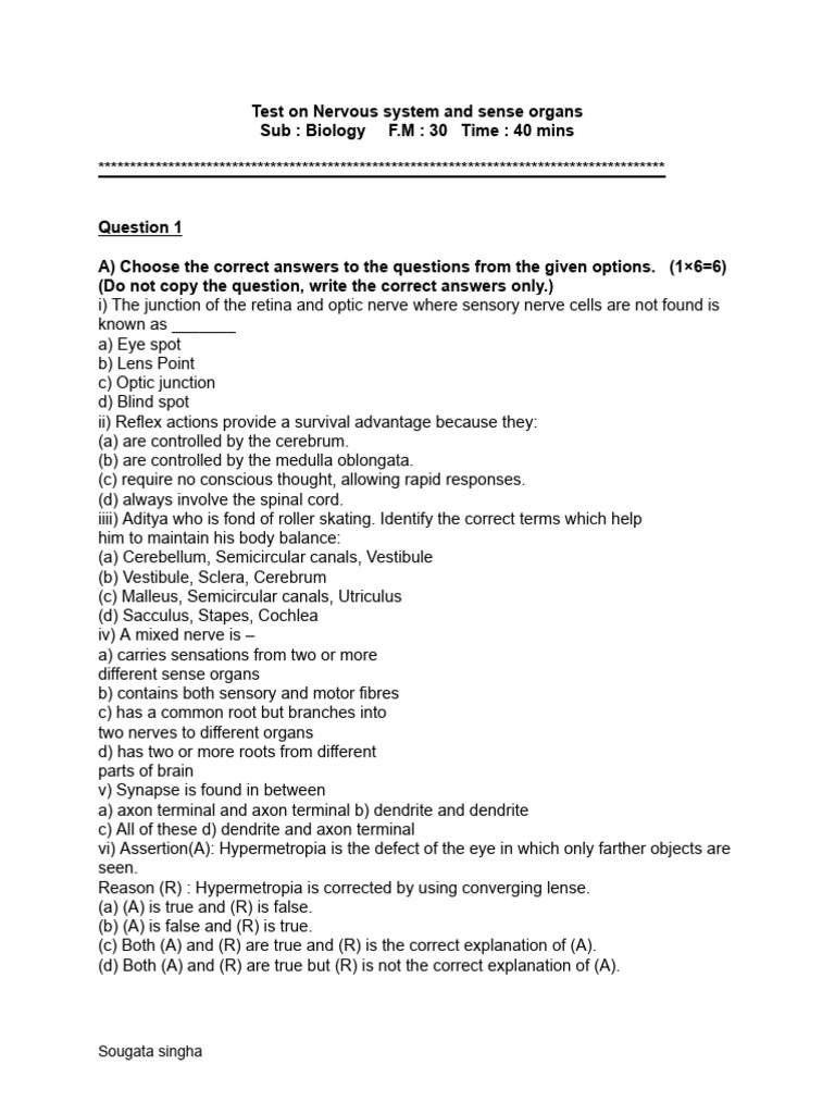 Test on Nervous System and Sense Organs | PDF | Senses | Ear