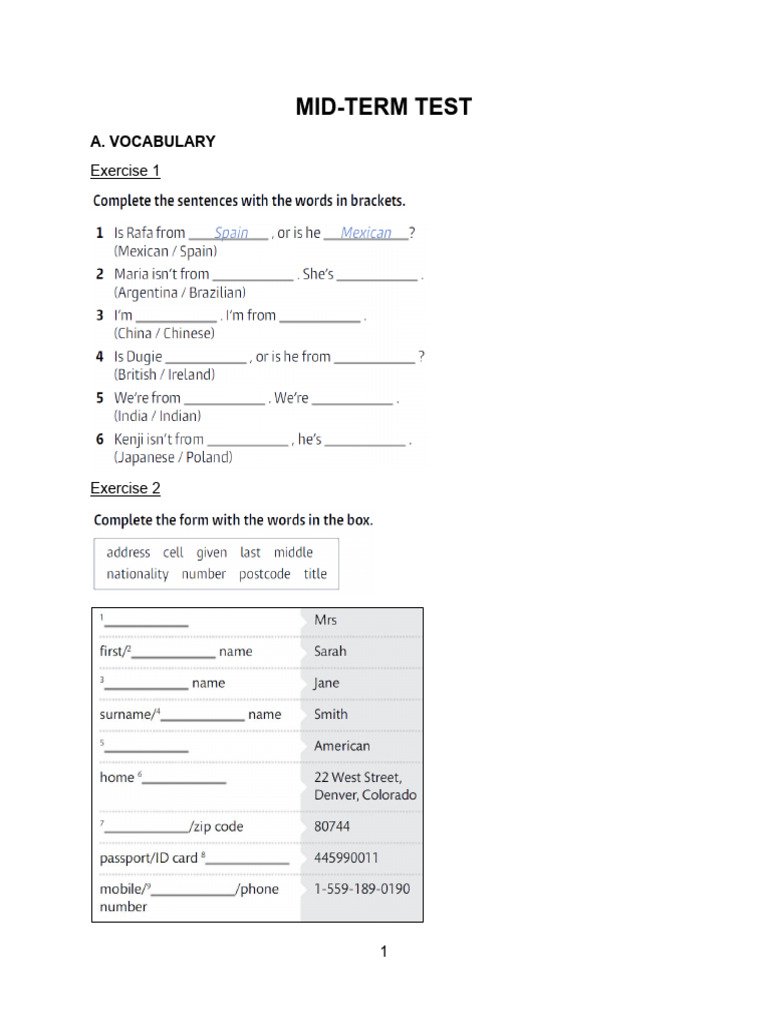 Mid-Term Test: Vocabulary & Grammar | PDF