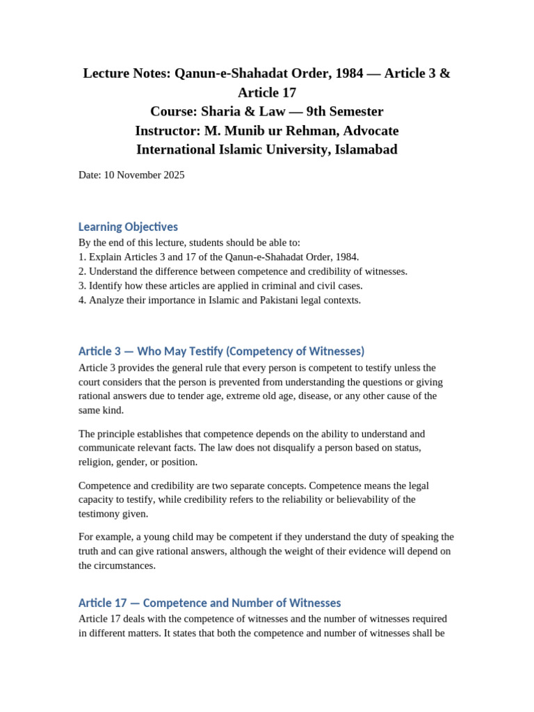 Qanun e Shahadat Articles 3 and 17 Final M Munib Ur Rehman | PDF ...