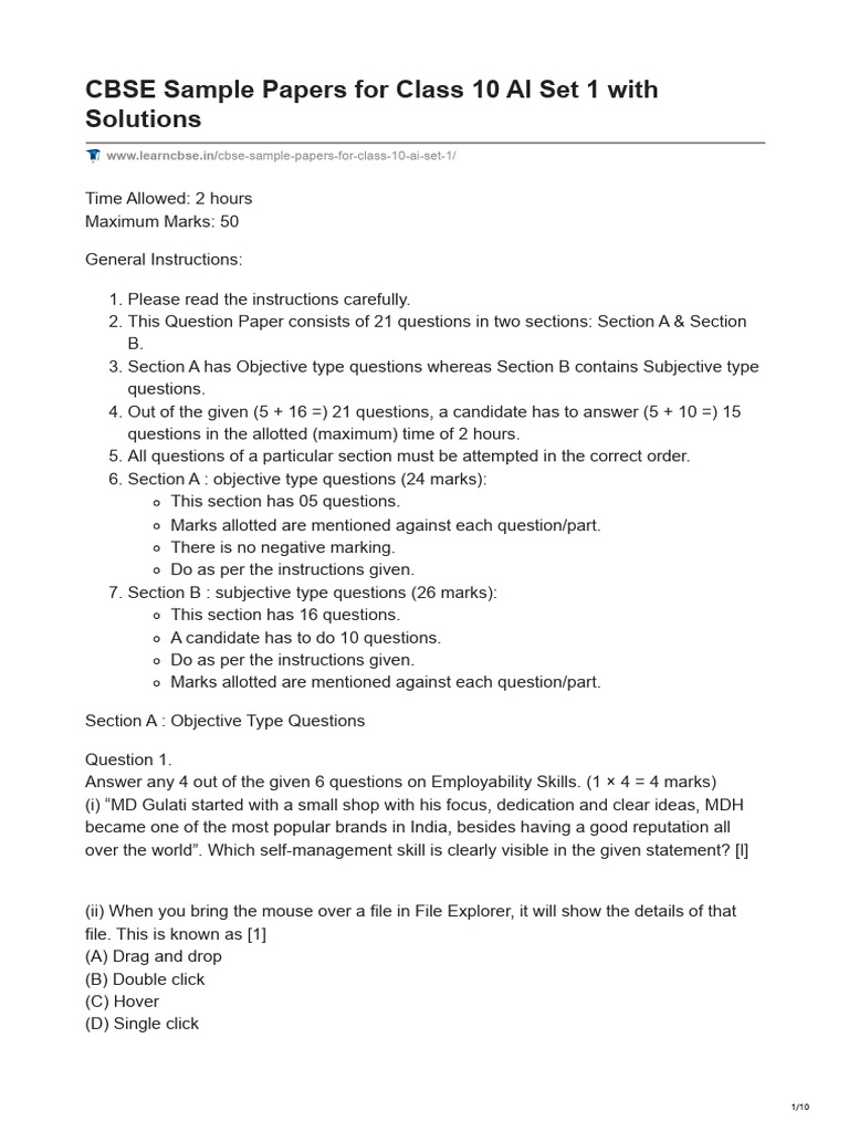 Class 10 AI Sample Paper Set 1 | PDF | Accuracy And Precision ...