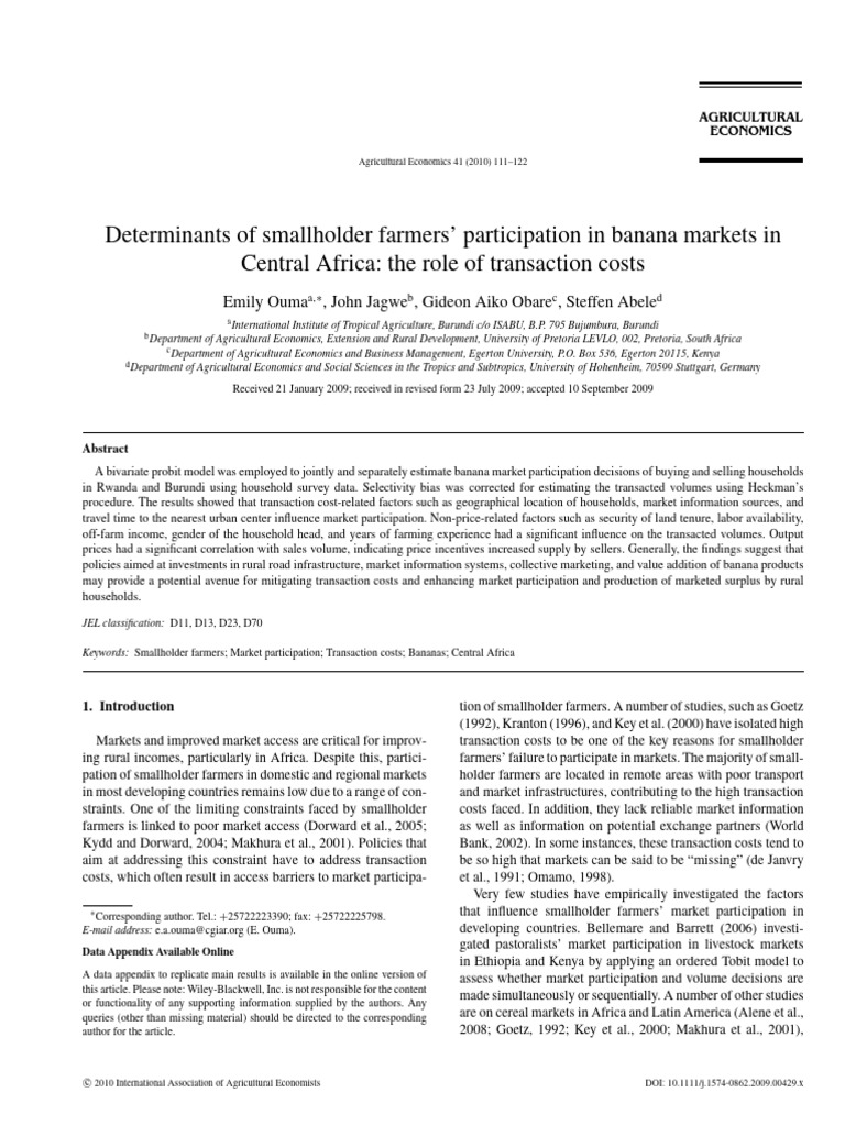 Determinants of Smallholder Farmers Participation in Banana Markets ...