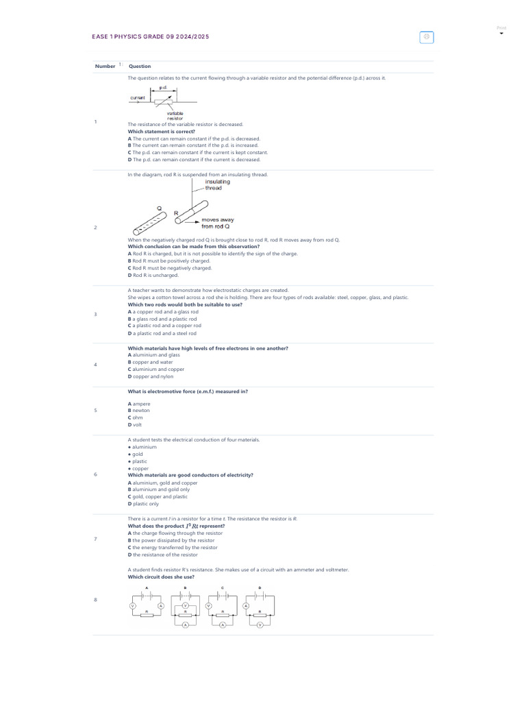 Grade 9 Physics EASE 2024/2025 Exam Guide | PDF | Electric Current ...
