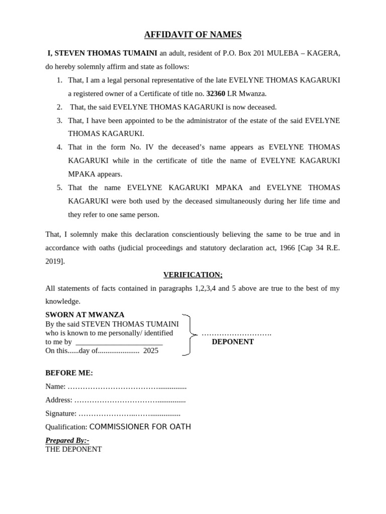 Affidavit of Names Steven Tumaini | PDF