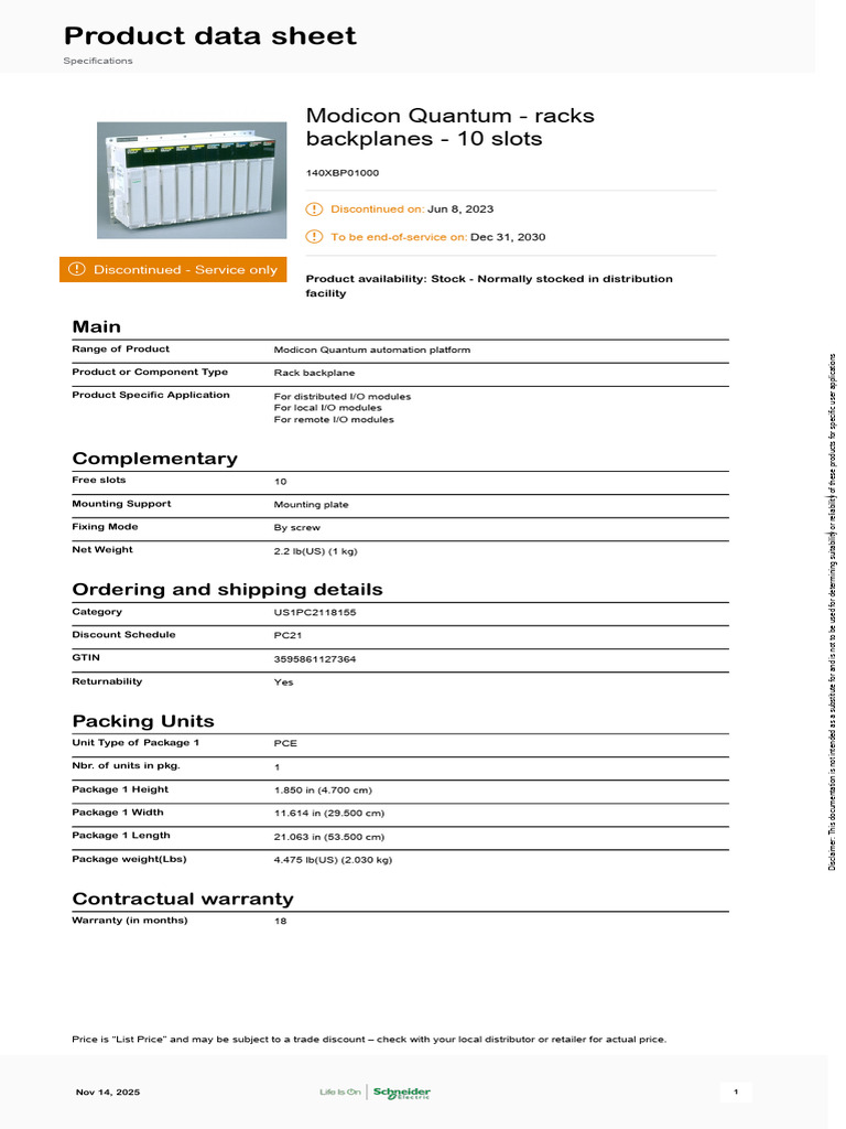 Schneider Electric Modicon-Quantum-PAC 140XBP01000 | PDF