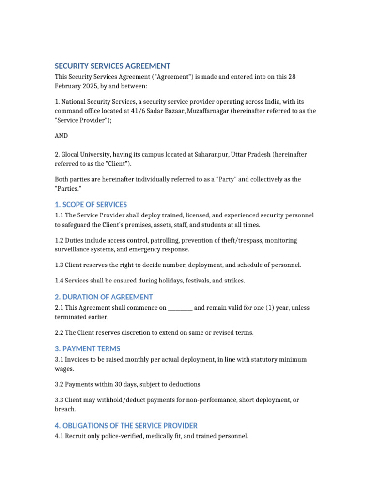 Security Services Agreement Template | PDF | Indemnity | Negligence