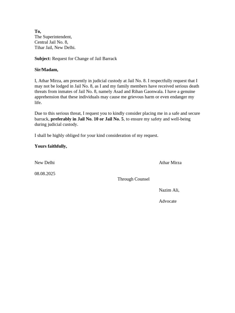 Request for Jail Barrack Change | PDF