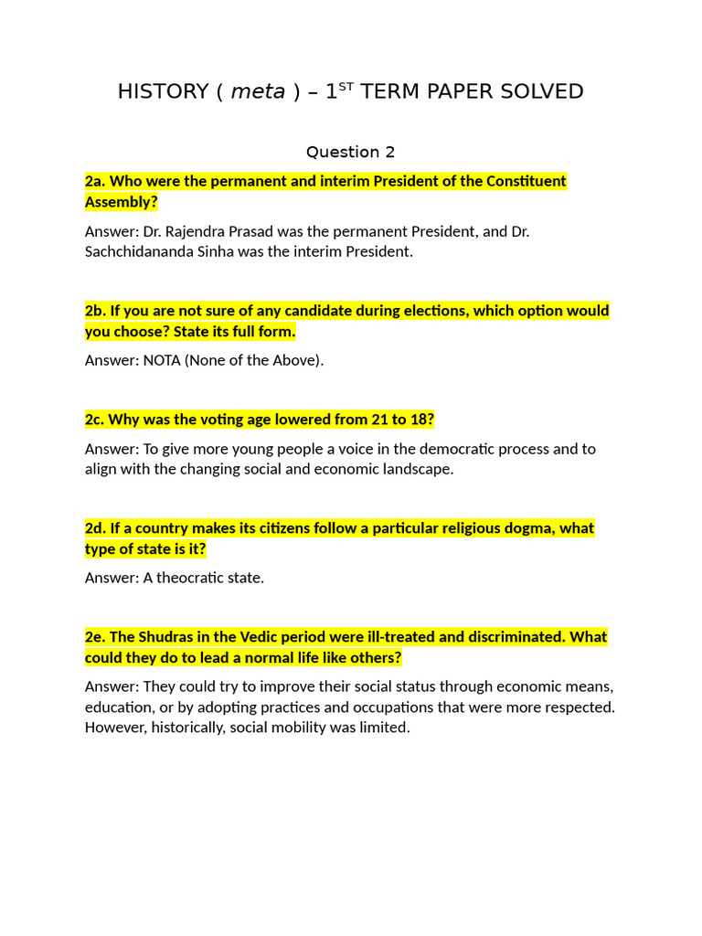 History Meta - 1st Term Solved Question Paper | PDF | Guru Granth Sahib ...
