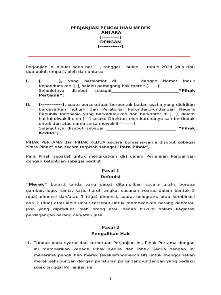 Perjanjian Pengalihan Merek 2024 | PDF