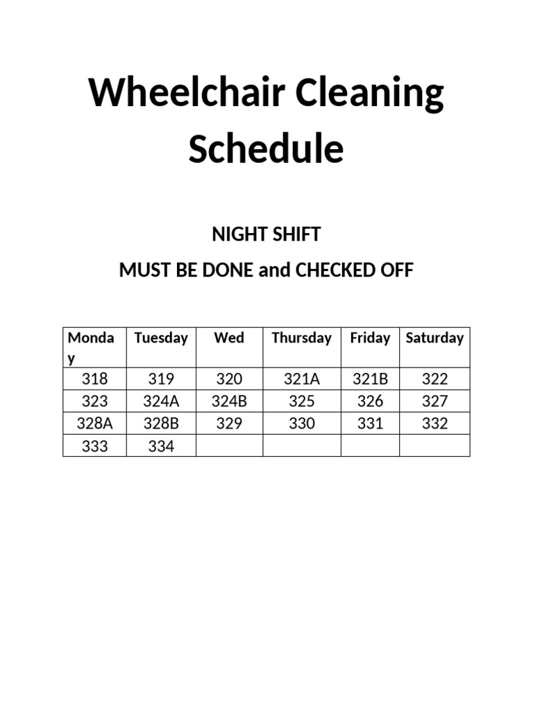 Wheelchair Cleaning Schedule-Night Shift | PDF
