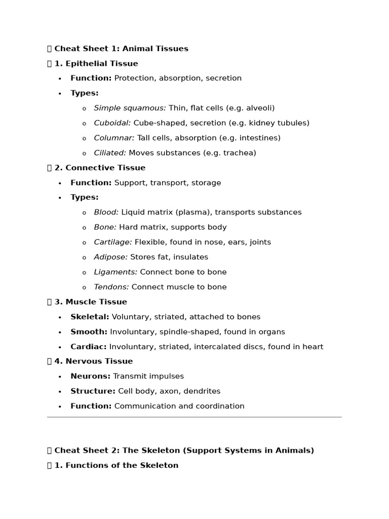 Bio Term 3 2025 Cheat Sheet | PDF | Skeleton | Tissue (Biology)