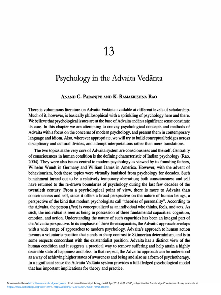 Psychological Insights of Advaita Vedanta | PDF | Advaita Vedanta | Vedanta