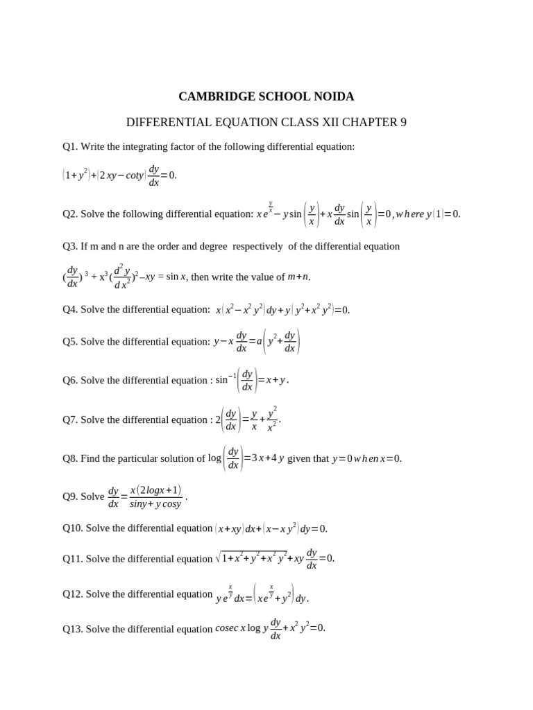 Differential Equation Worksheet | PDF | Equations | Mathematical Objects