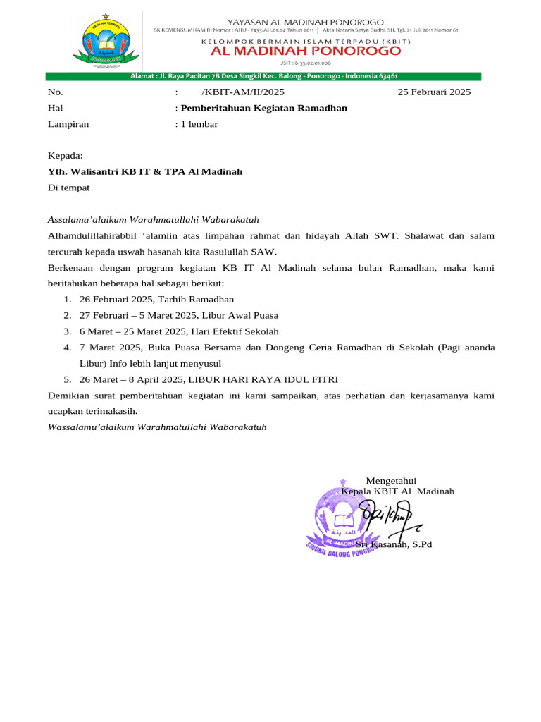 Surat Pemberitahuan Ramadhan | PDF