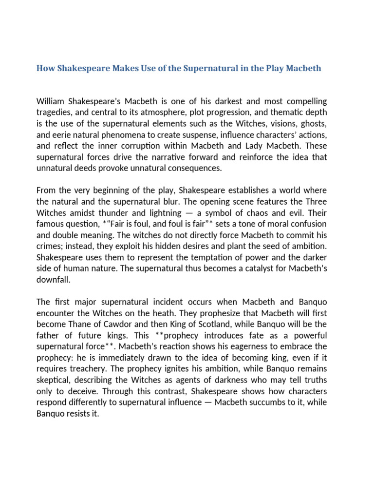 How Shakespeare Makes Use of The Supernatural in The Play Macbeth | PDF ...