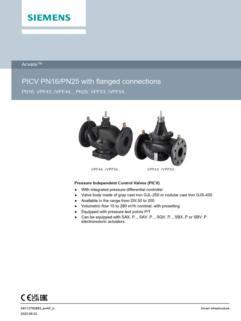 Acvatix PICV PN16/PN25 Specifications | PDF | Valve | Actuator